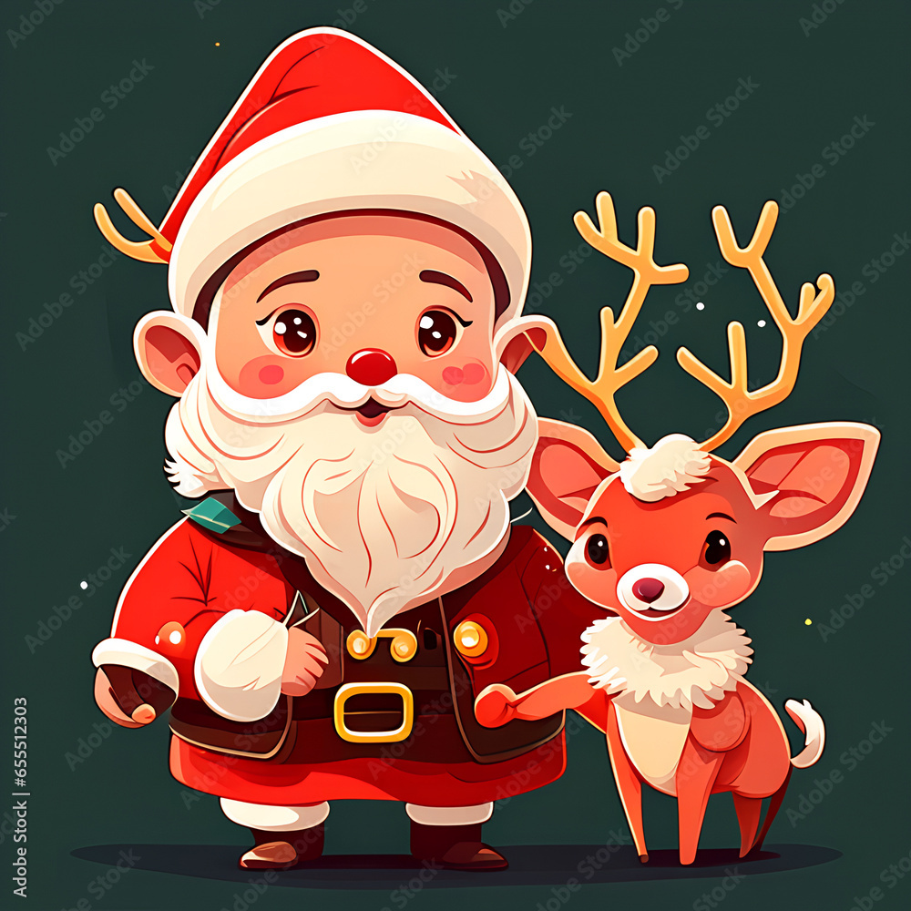 Cute cartoon Santa Claus with reindeer. Vector illustration. Stock ...