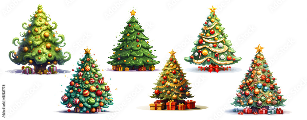 set of colorful christmas tree with gifts Clipart Sticker, Illustration ...