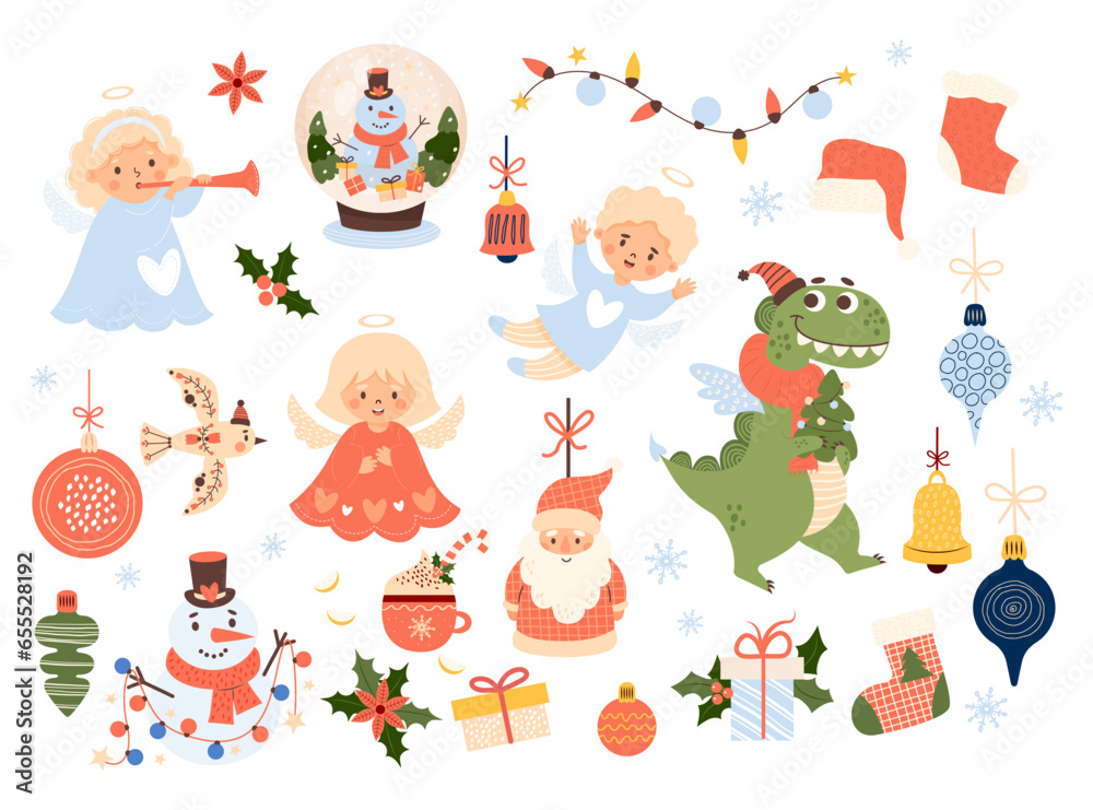 Christmas set. New Year cartoon characters Santa Claus, dragon with ...