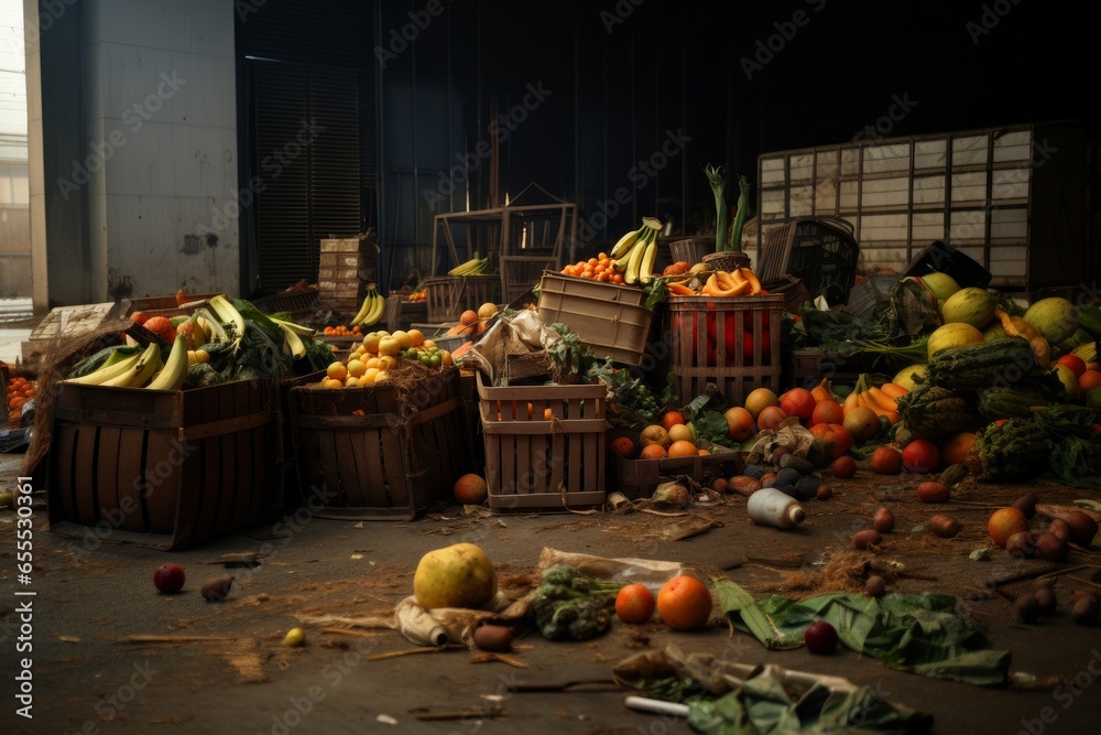 Boxes of fruits and vegetables in the backyard of the store, surplus ...