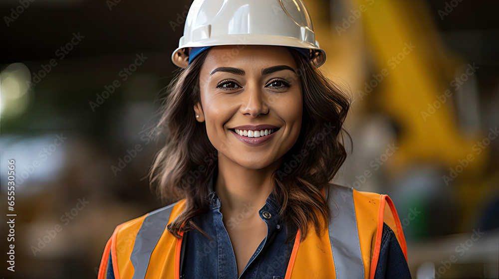 Portrait of smiling female engineer on site wearing safety helmet, high ...