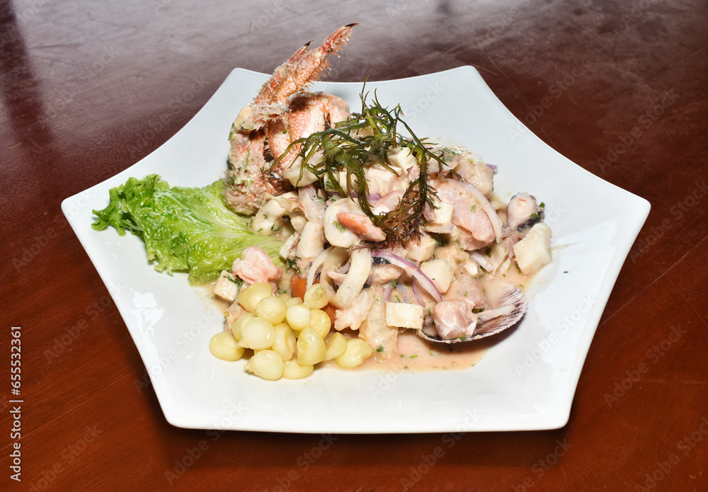 Typical food of Peruvian food, lomo saltado, anticuchos, ceviche ...