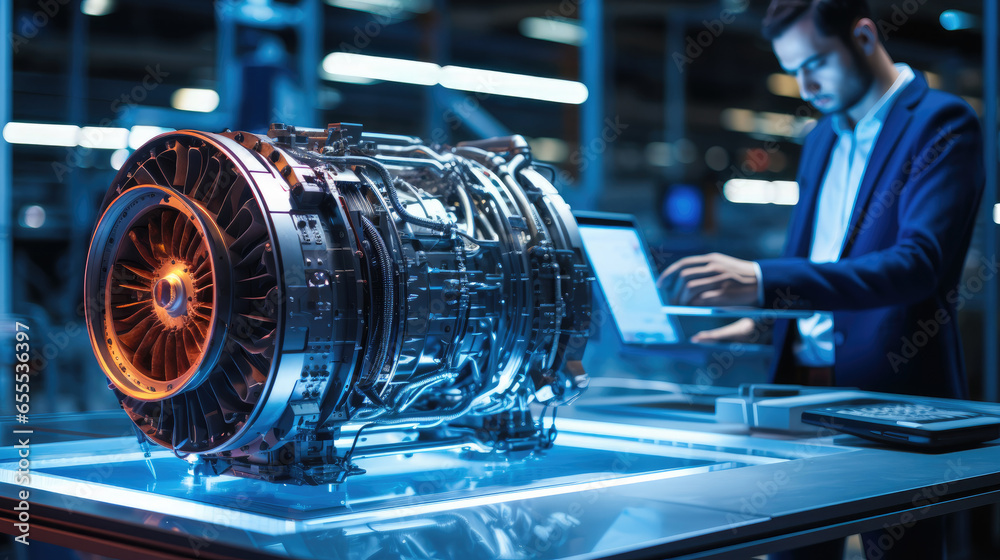 Scientist Developing a New Electric Motor Futuristic Jet Engine in a ...