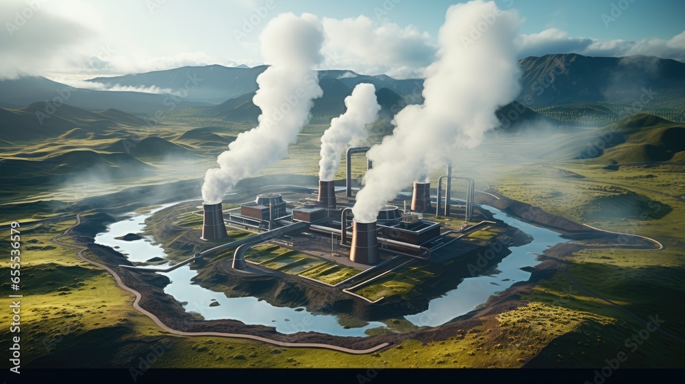 Geothermal power plant station, Emitting steam instead of pollutants ...