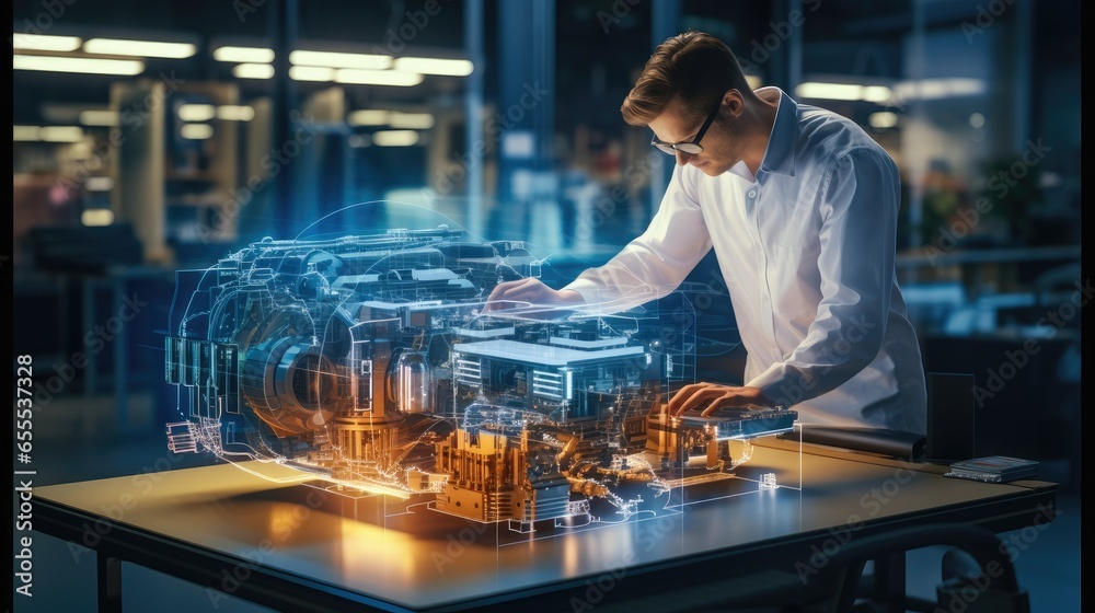 Chief Engineer designing engine works with holographic projection 3D ...