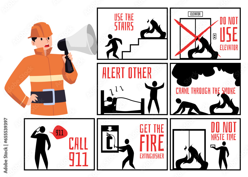 Fire evacuation poster and action plan infographic flat vector ...