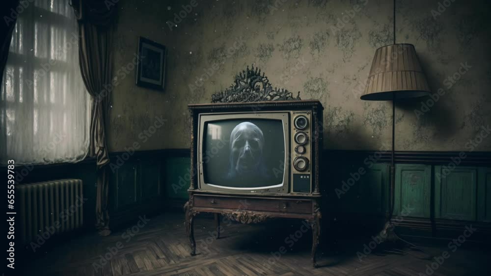 Retro Haunted Antique TV with Spooky Ghost Face. Looping. Halloween ...
