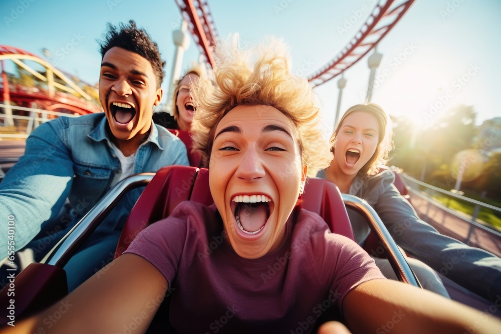 Friends riding roller coaster ride at amusement park. People having fun ...