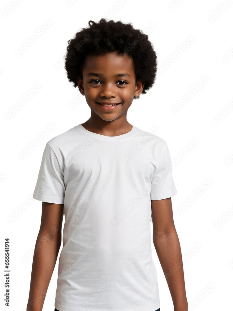 Little black kid wearing a white shirt smiling and looking at the ...