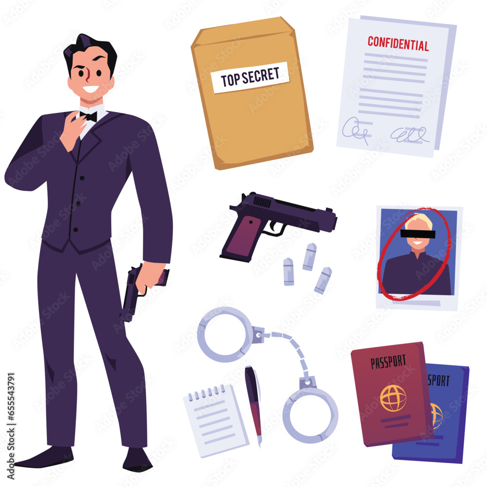 Set isolated cartoon vector of secret agent confidential documents ...