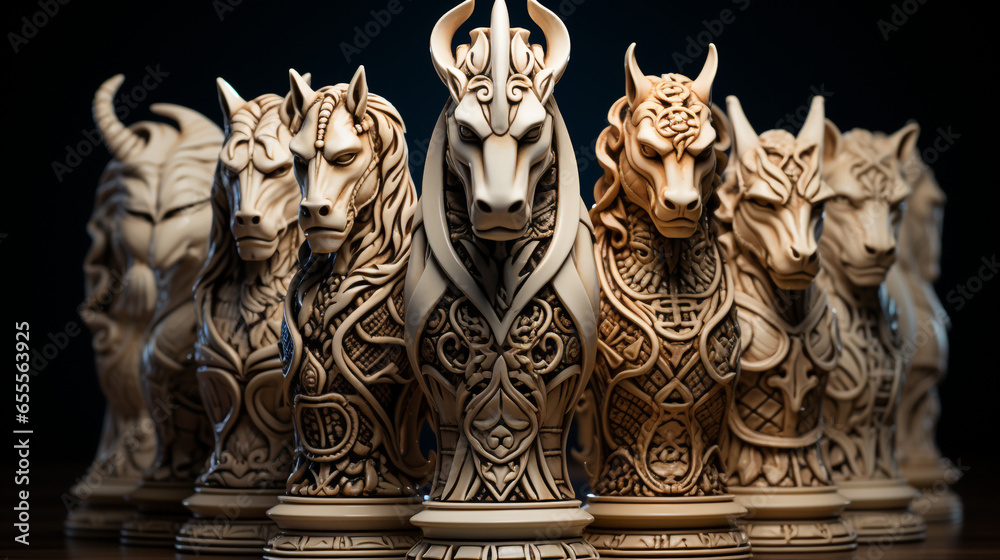 An intricately sculpted ceramic chess set, featuring characters ...