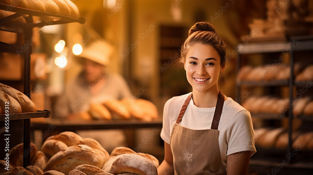Boulangère en tenue de travail, souriante et heureuse dans sa ...