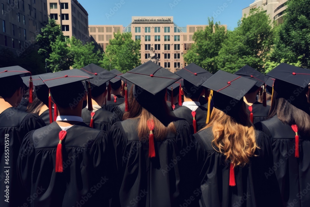 back view of a group of students in graduation gowns and caps, backside ...