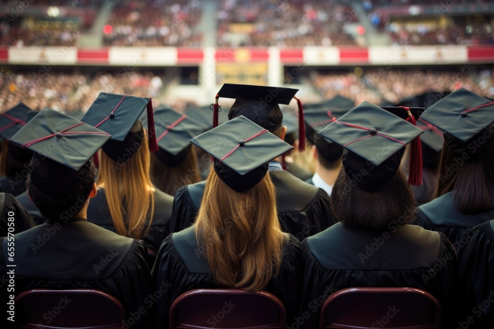 back view of students in graduation caps in the auditorium of ...