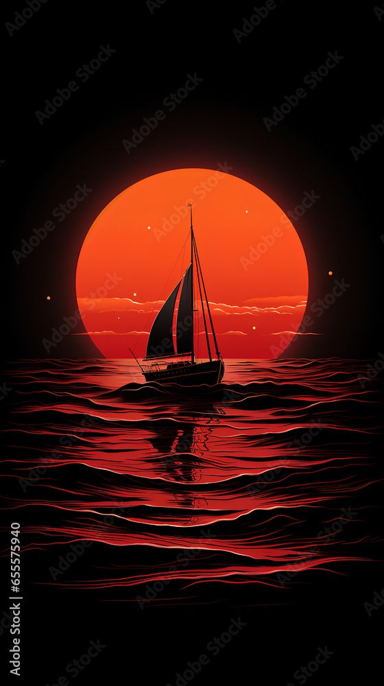 an orange sunset with dripping paint behind the boat, in the style of ...