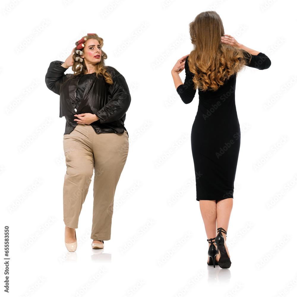 Body of overweight woman with fat belly compare with slim athletic body ...