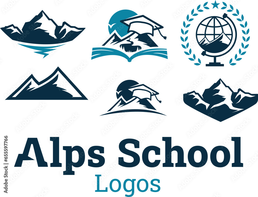 Set of logos for schools in the alps mountains. The french alps logo ...