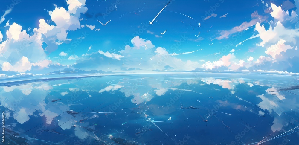 Clear sky with beautiful blue ocean illustration,anime art style ...