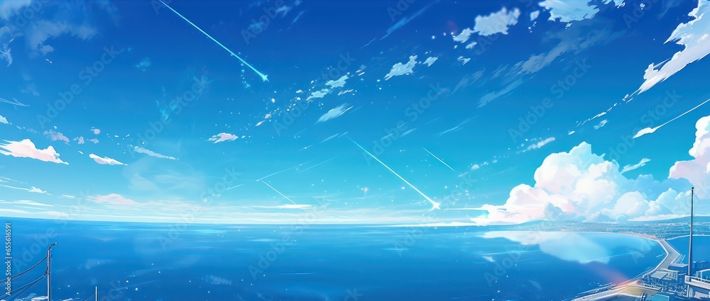 Clear sky with beautiful blue ocean illustration,anime art style ...
