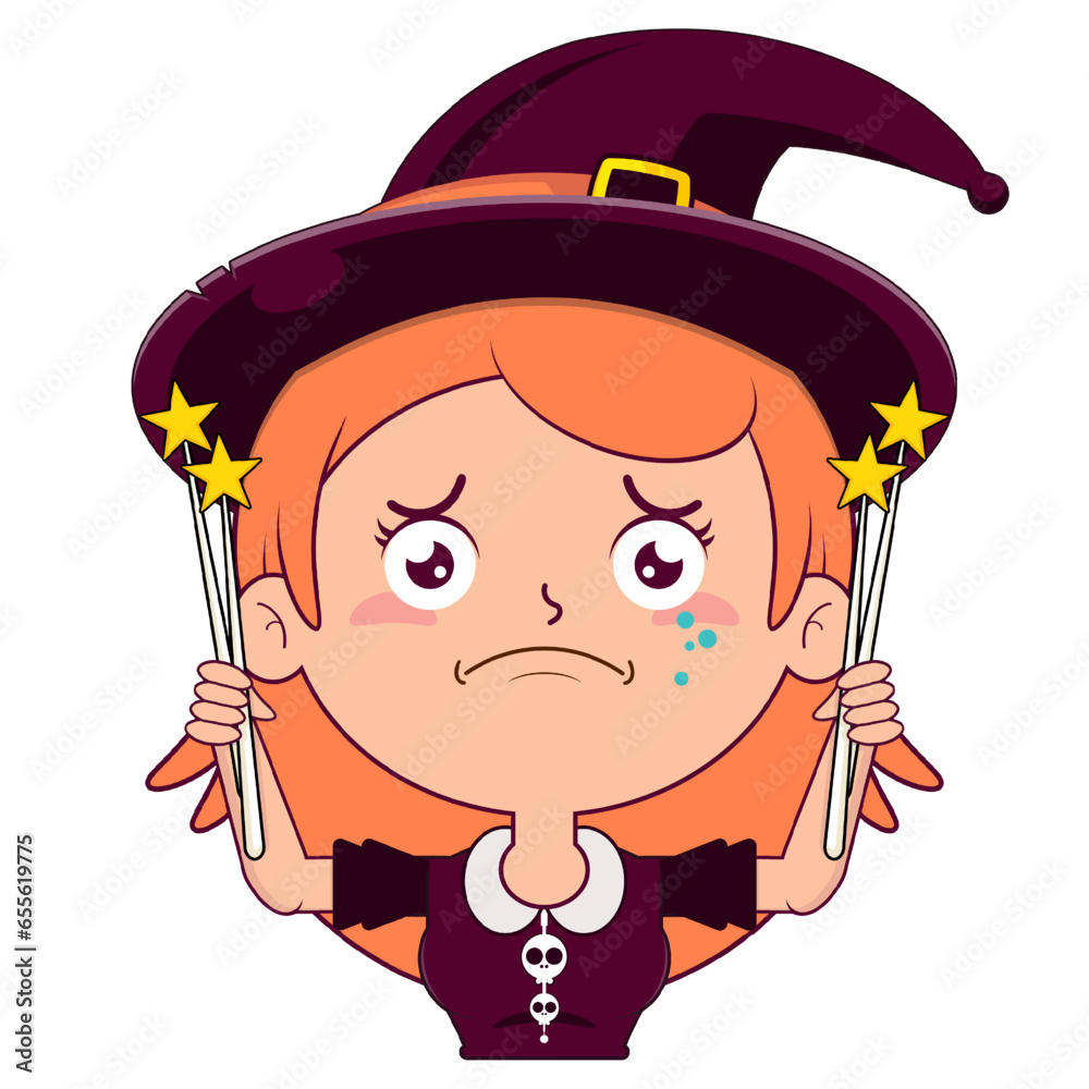 witch holding magic wand crying and scared face cartoon cute Stock ...