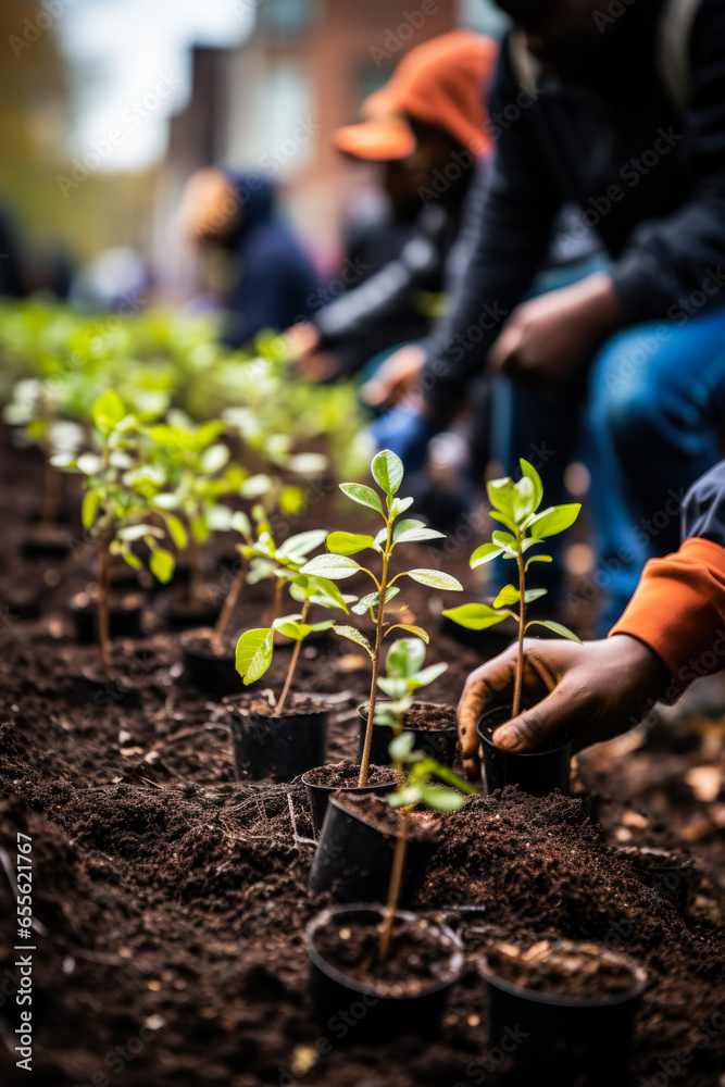 Diverse neighborhood participating in tree planting event on Human ...