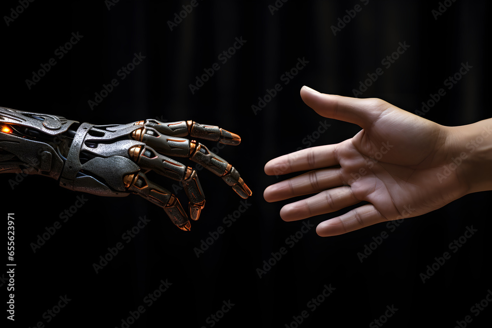 Roboterhand und menschliche Hand greifen nacheinander, Robotik, KI ...