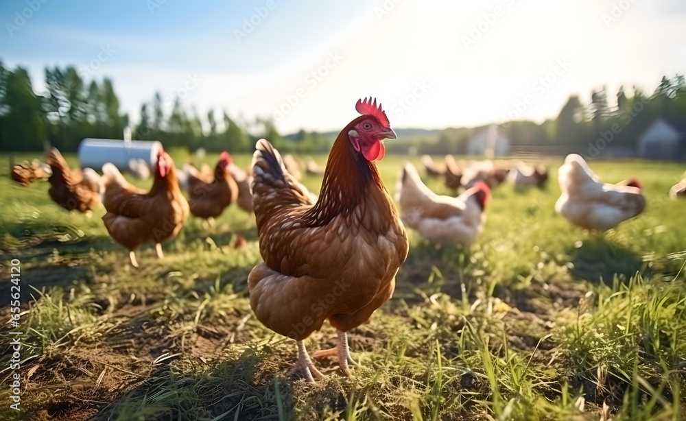 Hen with chickens outdoors on a pasture in the sun. Organic poultry ...