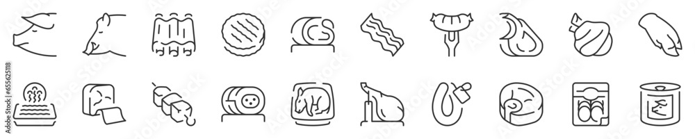 Pork meats products, thin line icon set. Symbol collection in ...