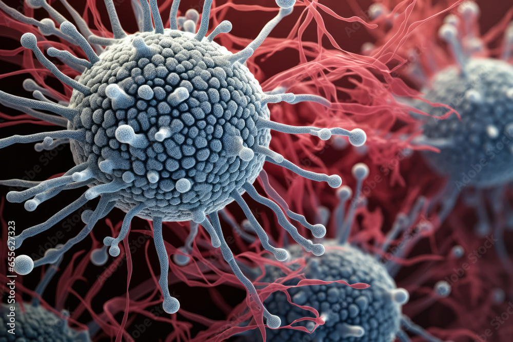 Extreme close-up imagery depicting detailed structures of viruses under ...