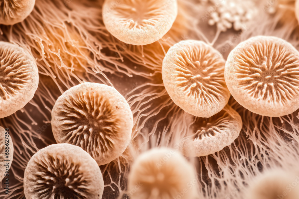 Extreme close-up of fungal spores under microscope isolated on a white ...