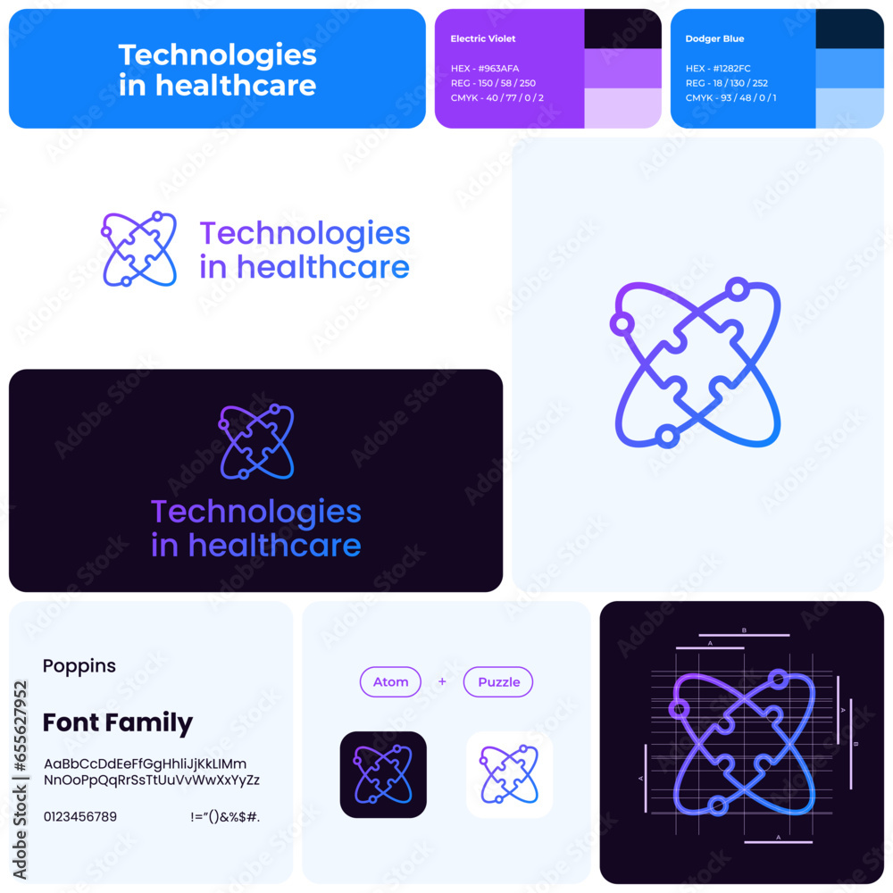 2D technologies in healthcare logo with brand name. Atom and puzzle ...