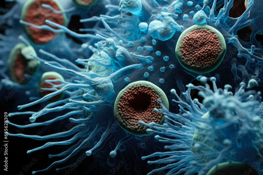 Extreme close-up imagery depicting detailed structures of viruses under ...