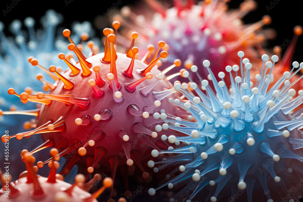 Extreme close-up imagery depicting detailed structures of viruses under ...