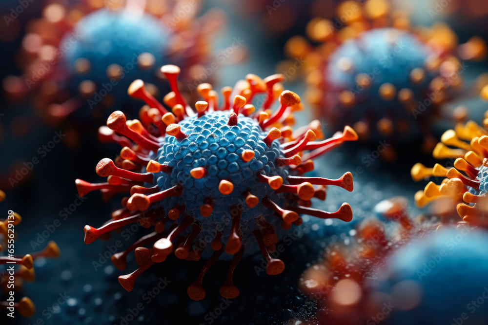 Extreme close-up imagery depicting detailed structures of viruses under ...