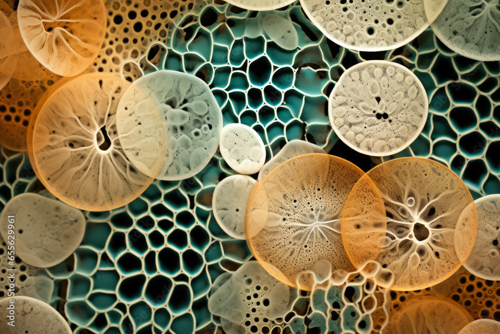 Highly magnified snapshots of yeast cells under microscope revealing ...