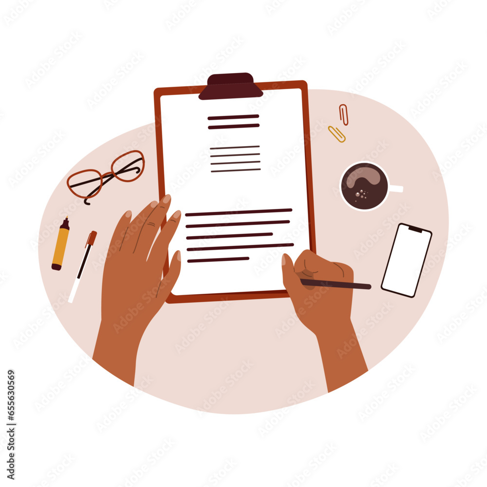 Male or female hands signing a document. Survey, quiz, to-do list or ...