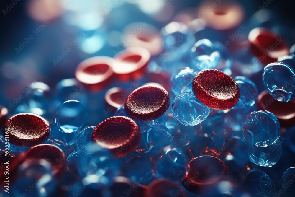 Superior magnified views of human blood cells under microscope ...