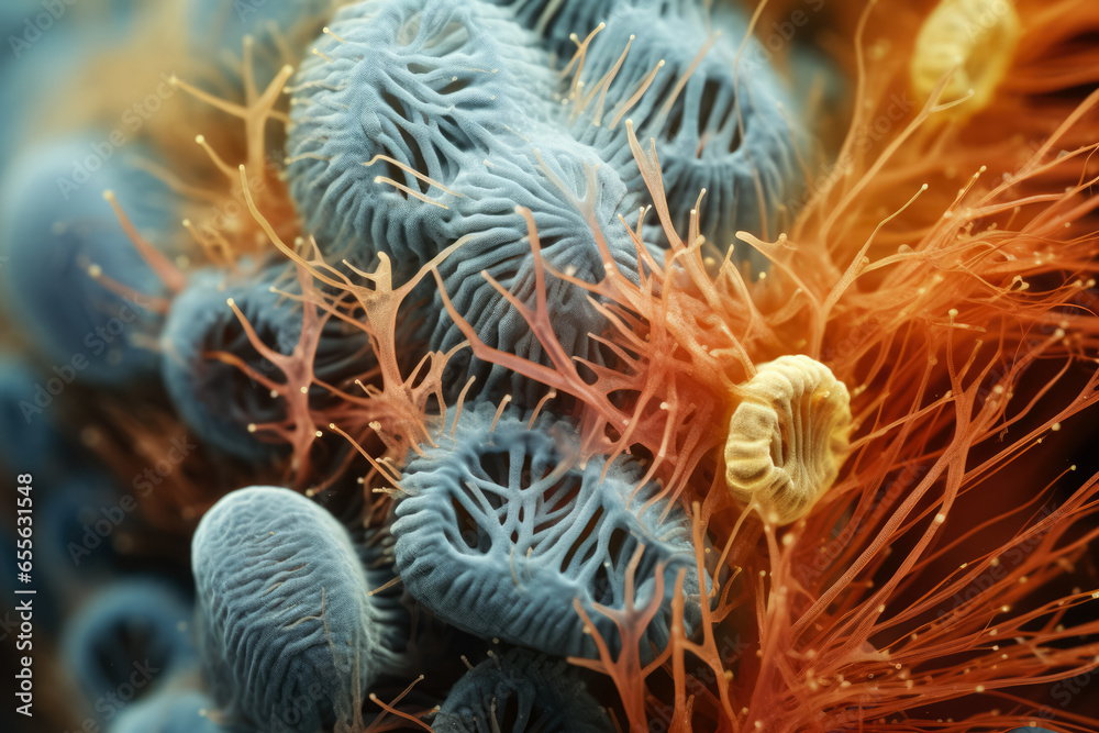 Ultra-magnified detailed imagery of fungal spore structures under high ...