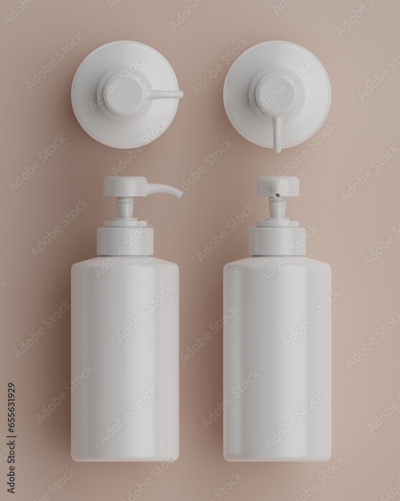 The row of plain white packaging pump bottles of soap and shampoo ...