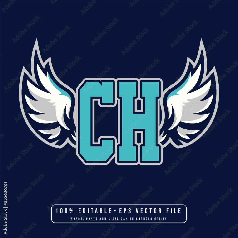 CH wings logo vector with editable text effect. Editable letter CH ...