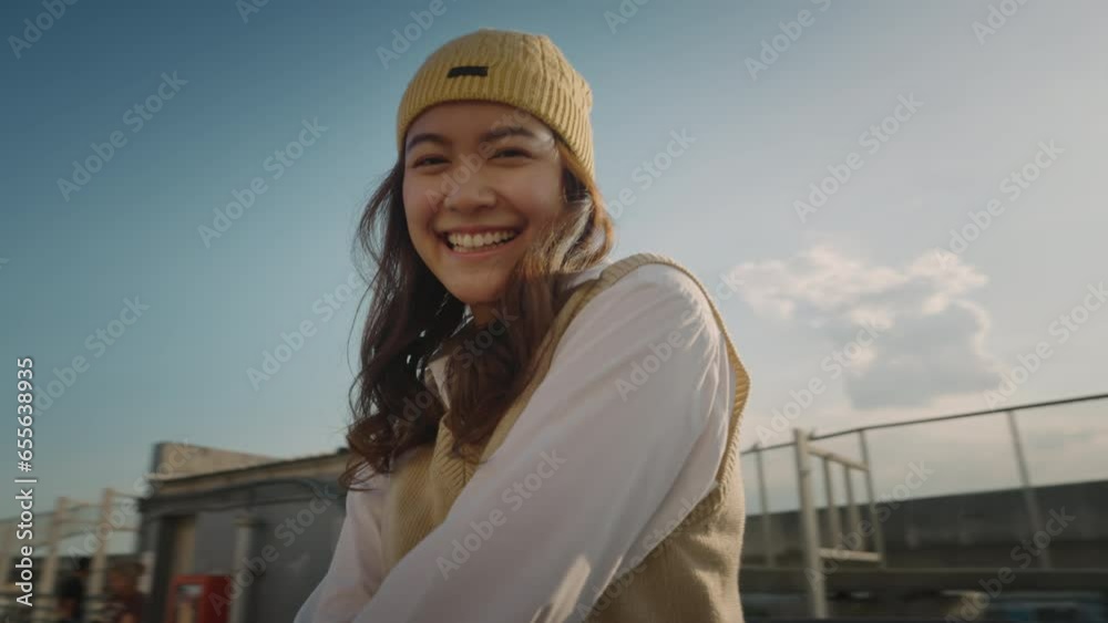 Young Gen Z girl asia people curly brown hair, face, eye smile in blue ...