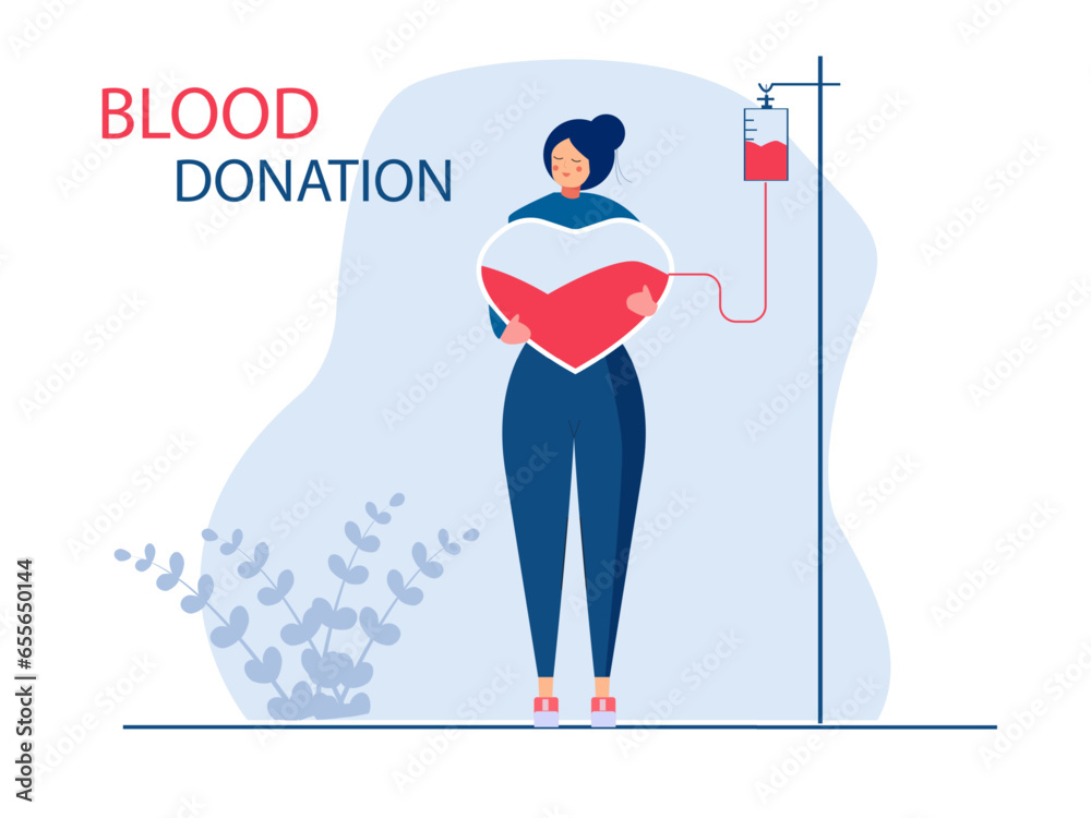 Volunteer woman standing with heart and donating blood. Donor. Concept ...