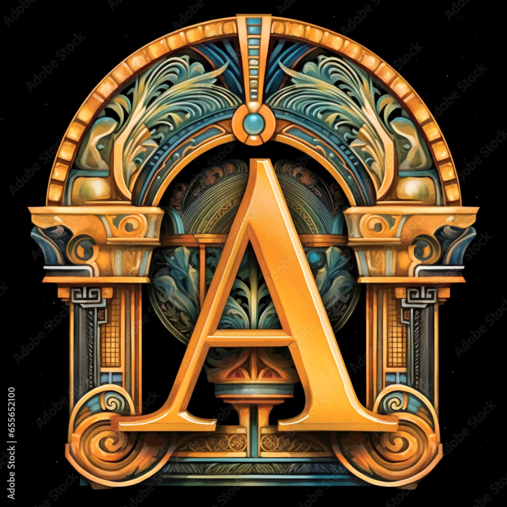 Art Deco letter A. Gold twisted arch. beginning of alphabet. Learning ...