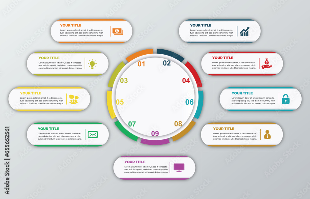 9 list of steps, layout diagram with number of sequence, circular infographic element template ...