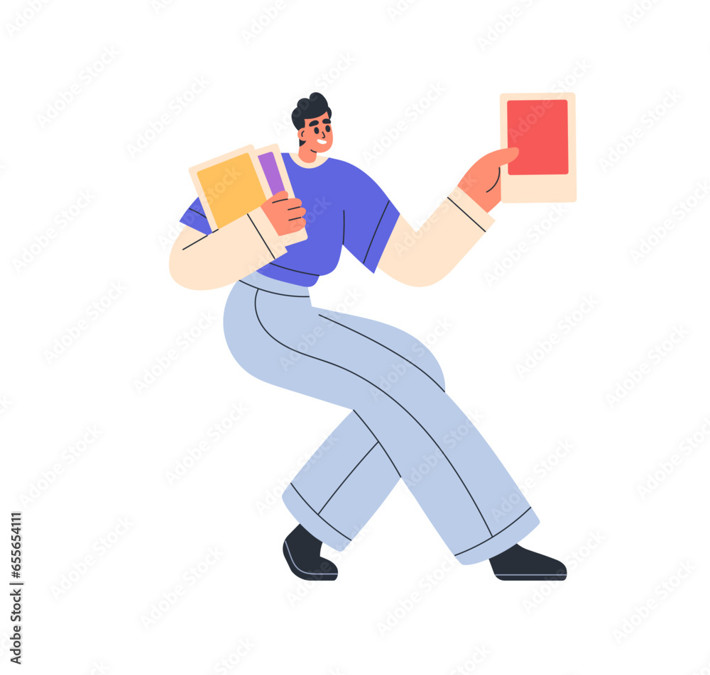 Promoter, distributor with flyers in hands. Man giving, offering ...