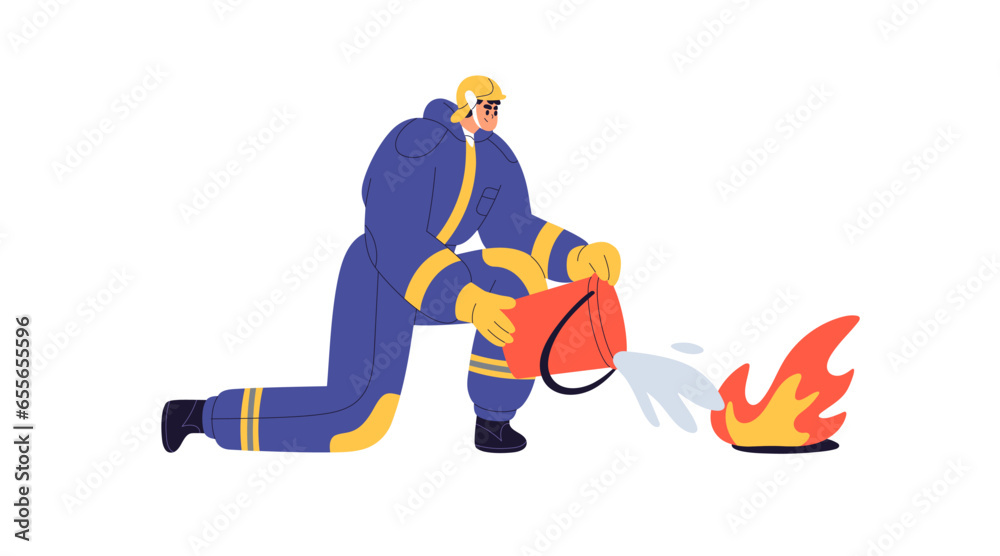Firefighter in uniform extinguishing small fire, pouring water from ...