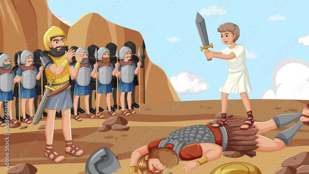Religious animation depicting David's triumphant victory over Goliath ...