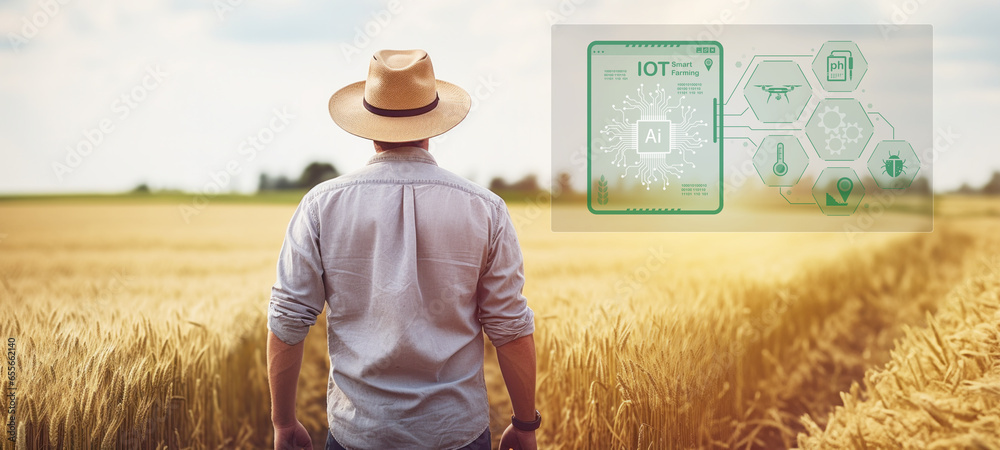 Smart farming, man farmer stands in a golden wheat field, checking the ...