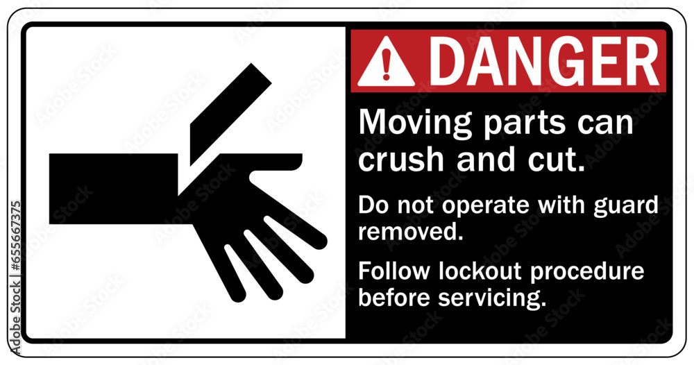 Crush and cut hazard warning sign and labels Moving parts can crush and ...