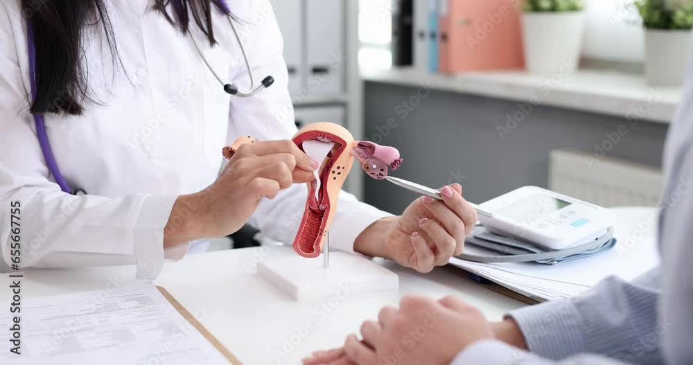 Gynecologist shows patient fertilization taking place on model of ...